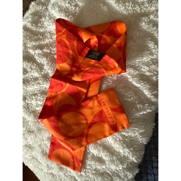 Coach | Accessories | Coach Silk Skinny Scarf Orange Red Signature Logo ...